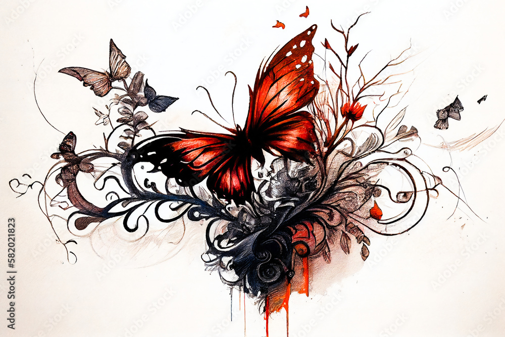 ภาพประกอบสต็อก Artistic Batterfly Tattoo Design With Innovative Plant ...