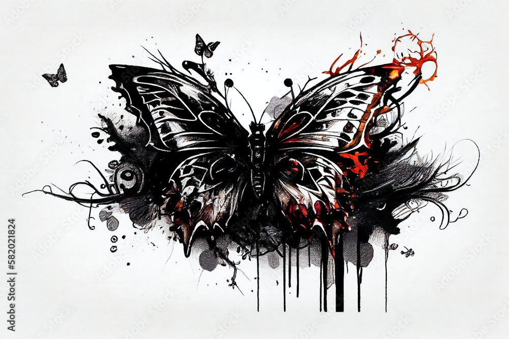 Artistic Batterfly Tattoo Design With Innovative Plant Art on White ...