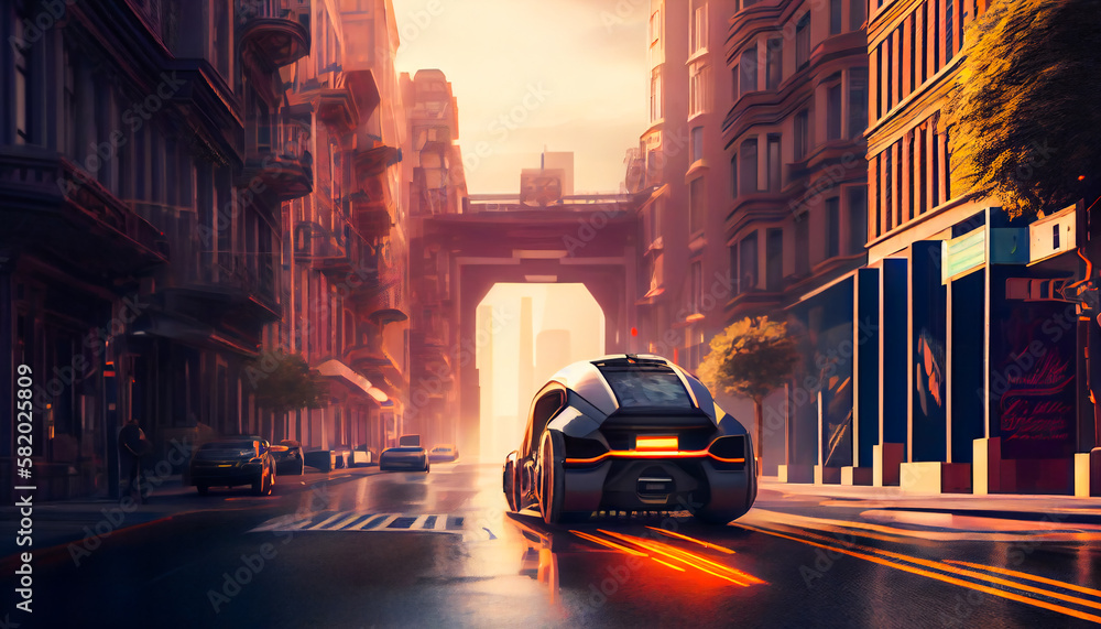 Driverless car navigating through a city street, illustrating the ...