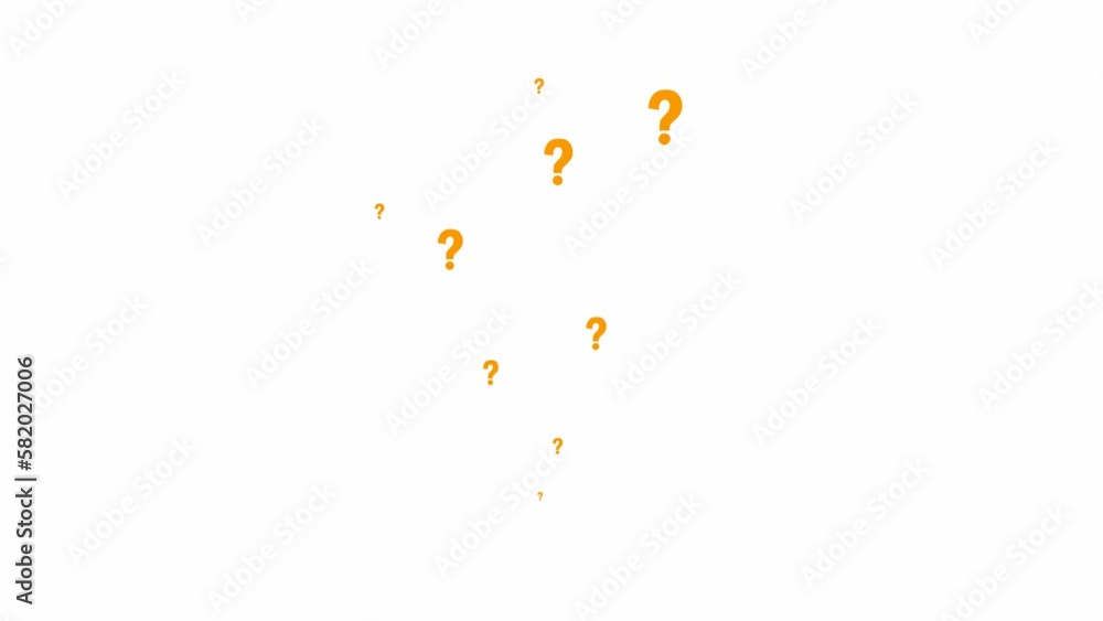 Animated orange question marks fly from bottom to top. Symbols are ...
