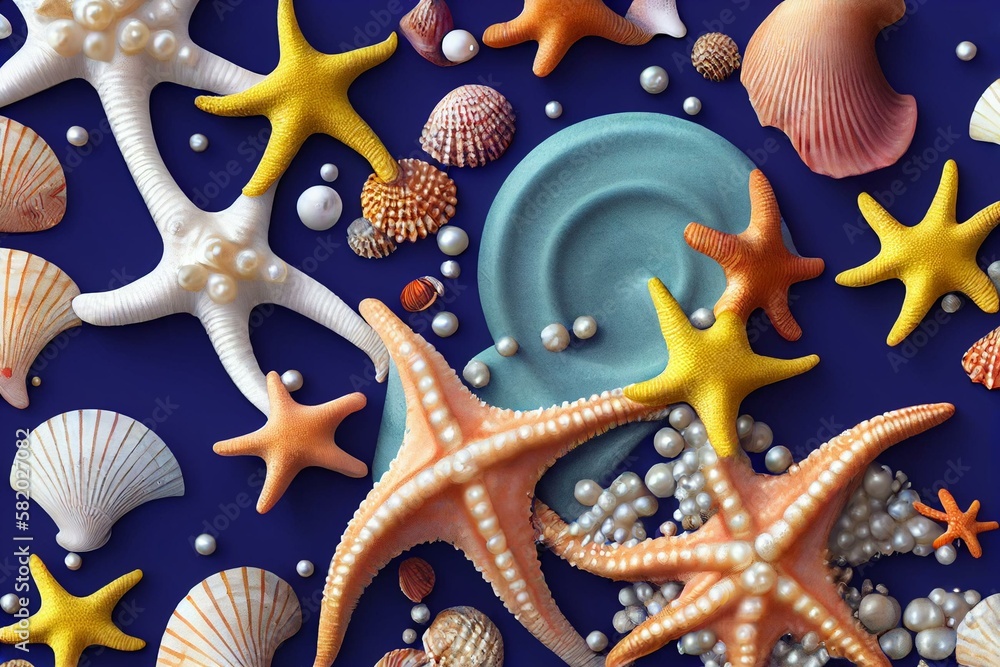 Watercolor sea objects wreath, shell and corals, starfish and pearl ...