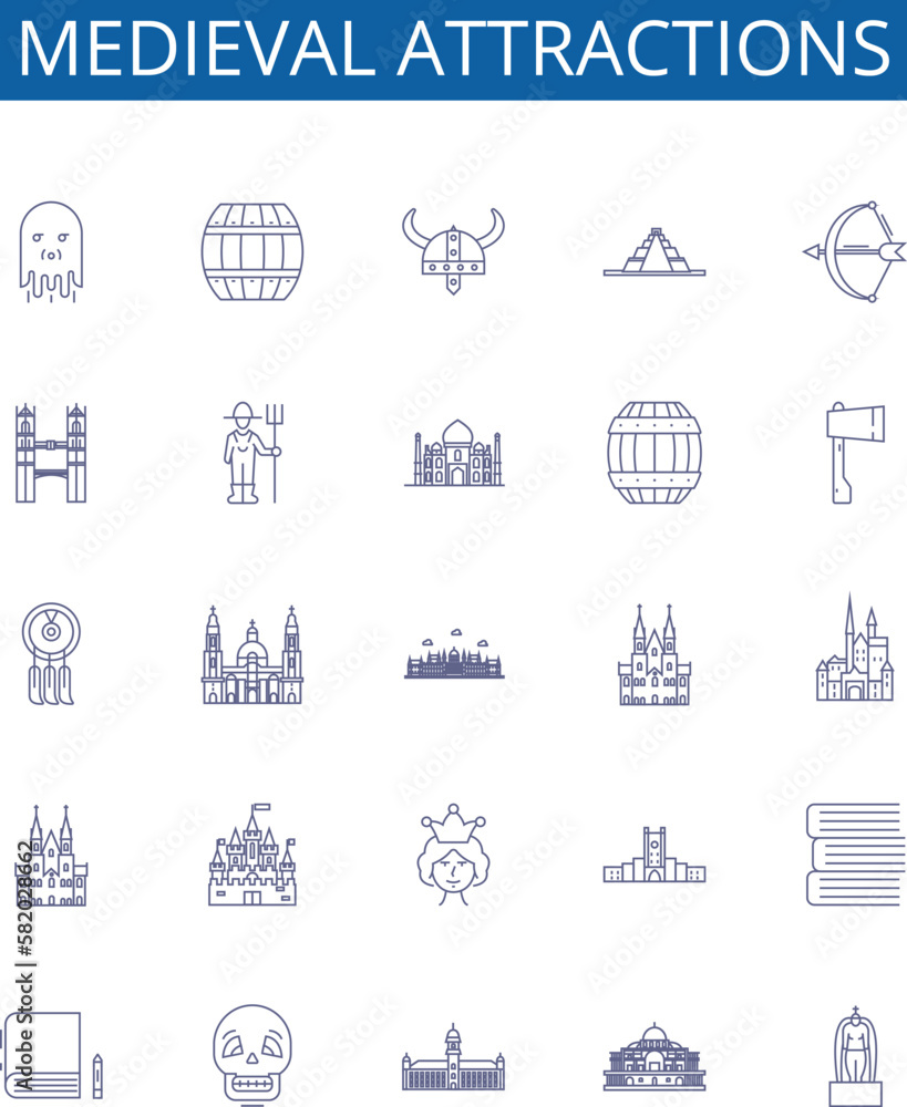 Medieval attractions line icons signs set. Design collection of Castles ...
