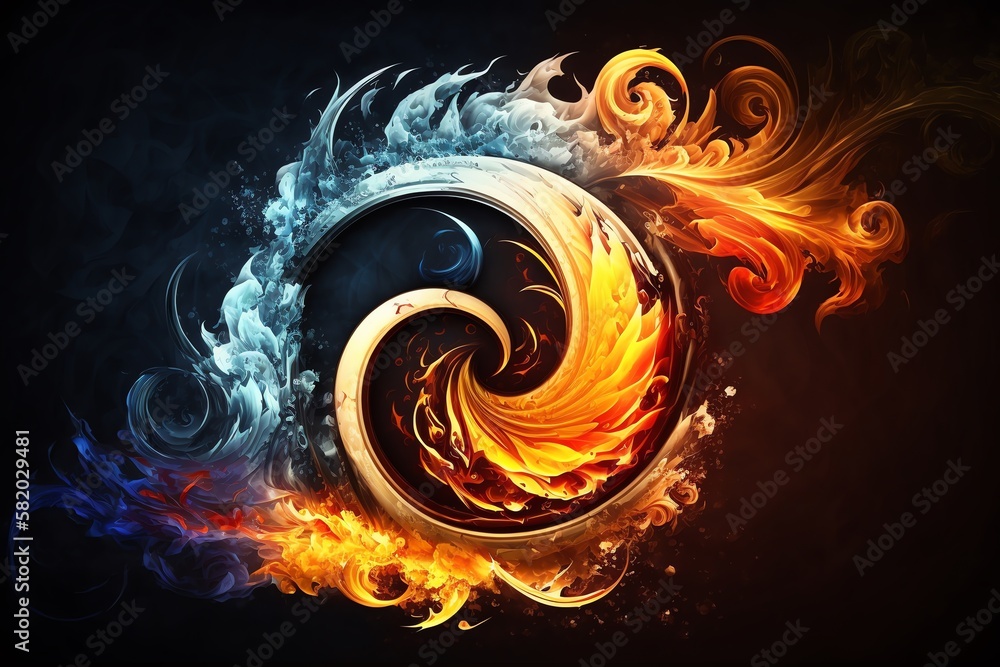 Fire flames and water swirl on black background. Whirlpool of Flames of ...
