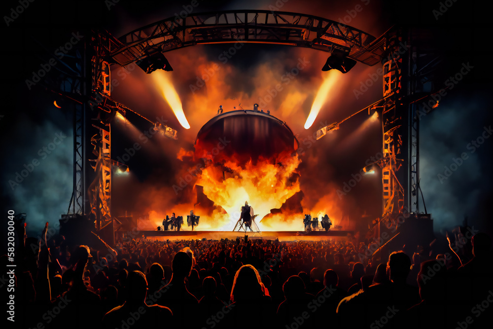 Metal Music Band Performing on Stage in a Crowded Venue with Fire Show ...