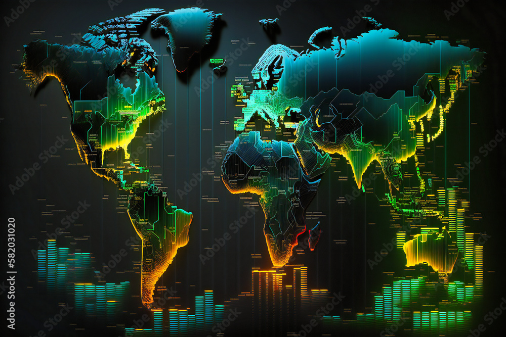 A map of the world displaying real-time data processing and analytics ...
