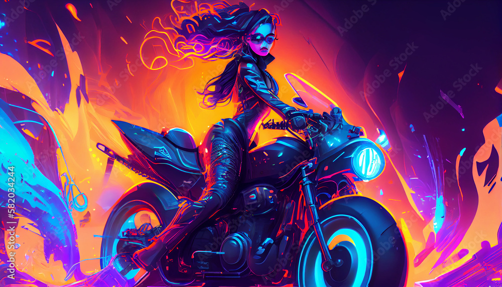 futuristic cyberpunk Biker girl with helmet riding a sci-fi bike, woman ...