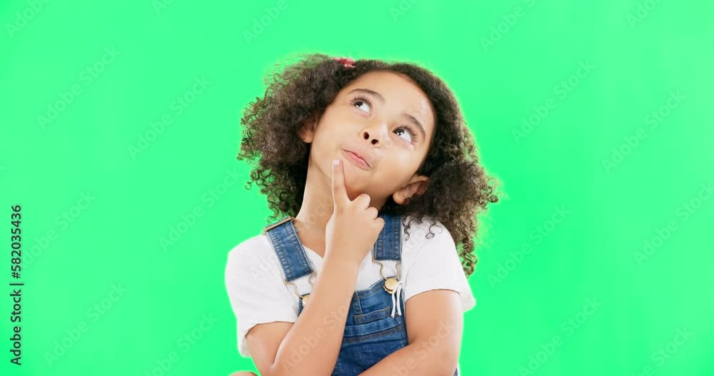 Thinking, green screen and a child with a decision isolated on a studio ...