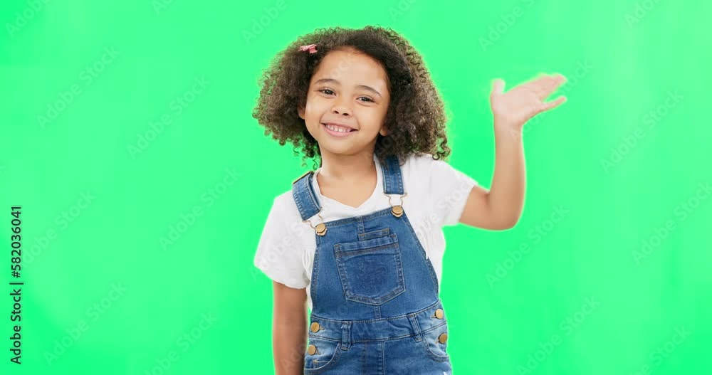 Face, wave and girl greeting, welcome and green screen with happiness ...