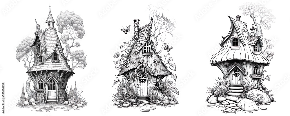 Photo & Art Print Fantasy Houses Set, Unrealistic Cartoon Drawings ...