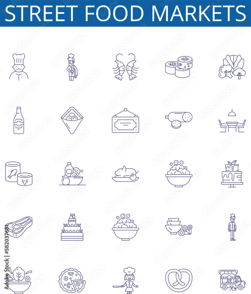 Street food markets line icons signs set. Design collection of Street ...