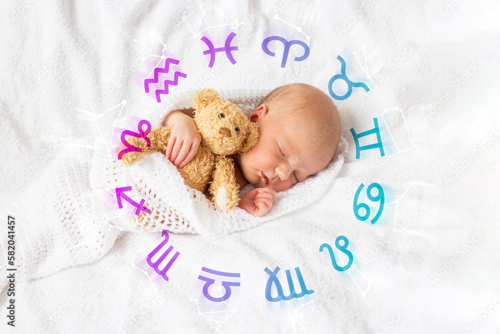 Concept of the birth horoscope of a child, showing zodiac signs and ...