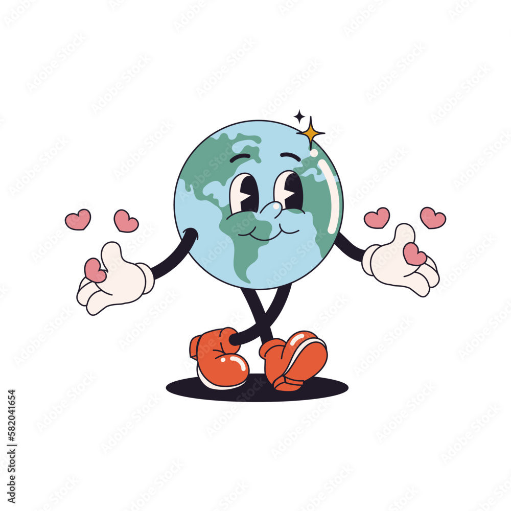 Stickers in trendy retro cartoon style. Earth Day concept. World ...