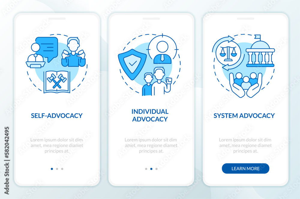 Types of advocacy blue onboarding mobile app screen. Legal protection ...