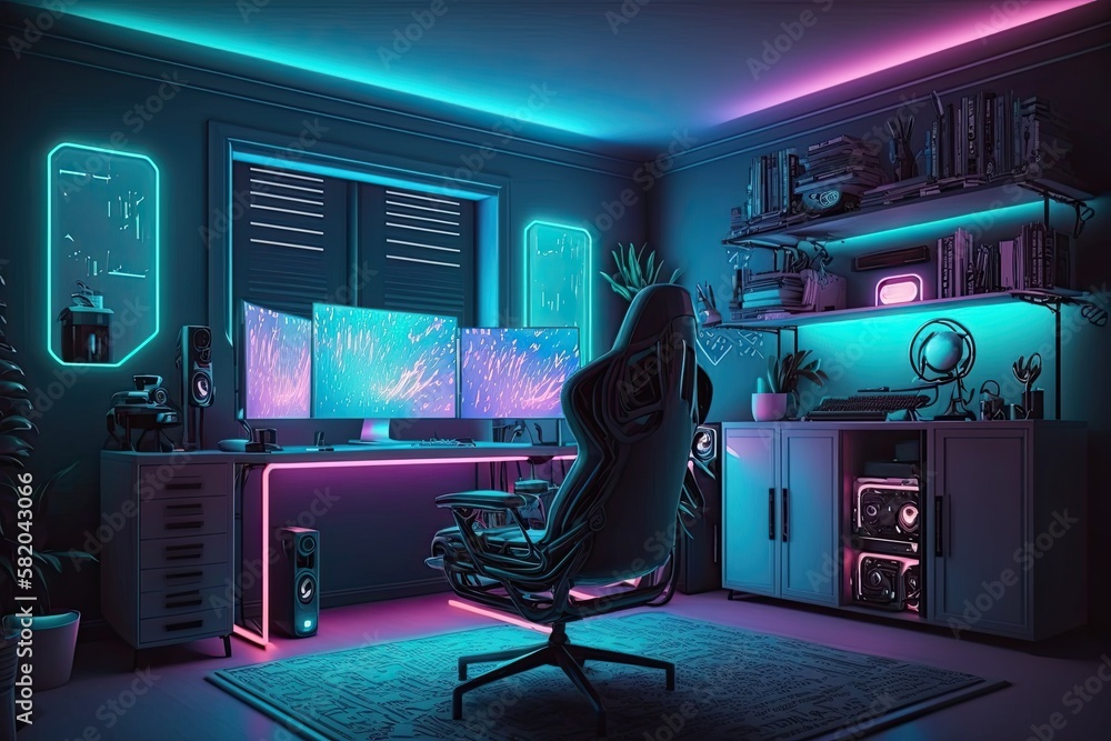 professional place streamer video gamers blue and purple neon lights ...