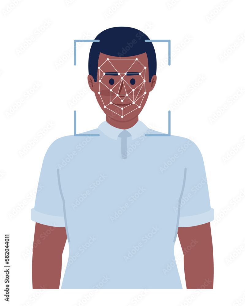 Male employee face identification semi flat color vector character ...