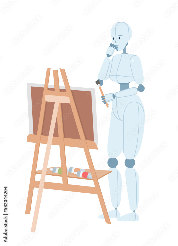 AI artist painting on easel semi flat color vector character ...