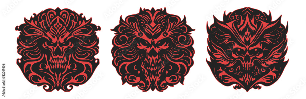 Vector set of scary black-red patterned human skulls with swirls on a ...