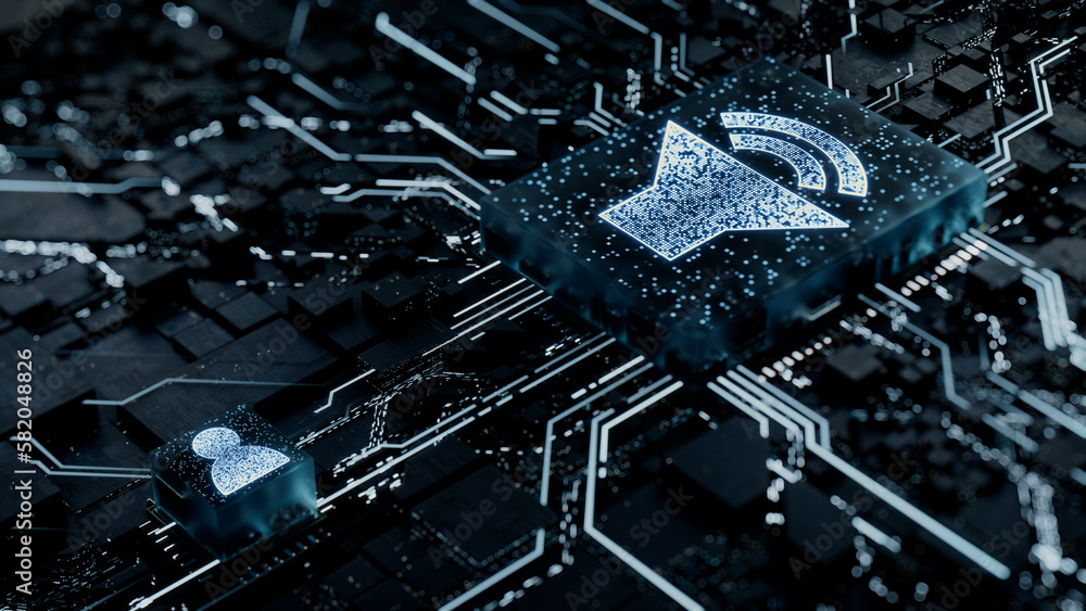 Sound Technology Concept with audio symbol on a Microchip. White Neon ...