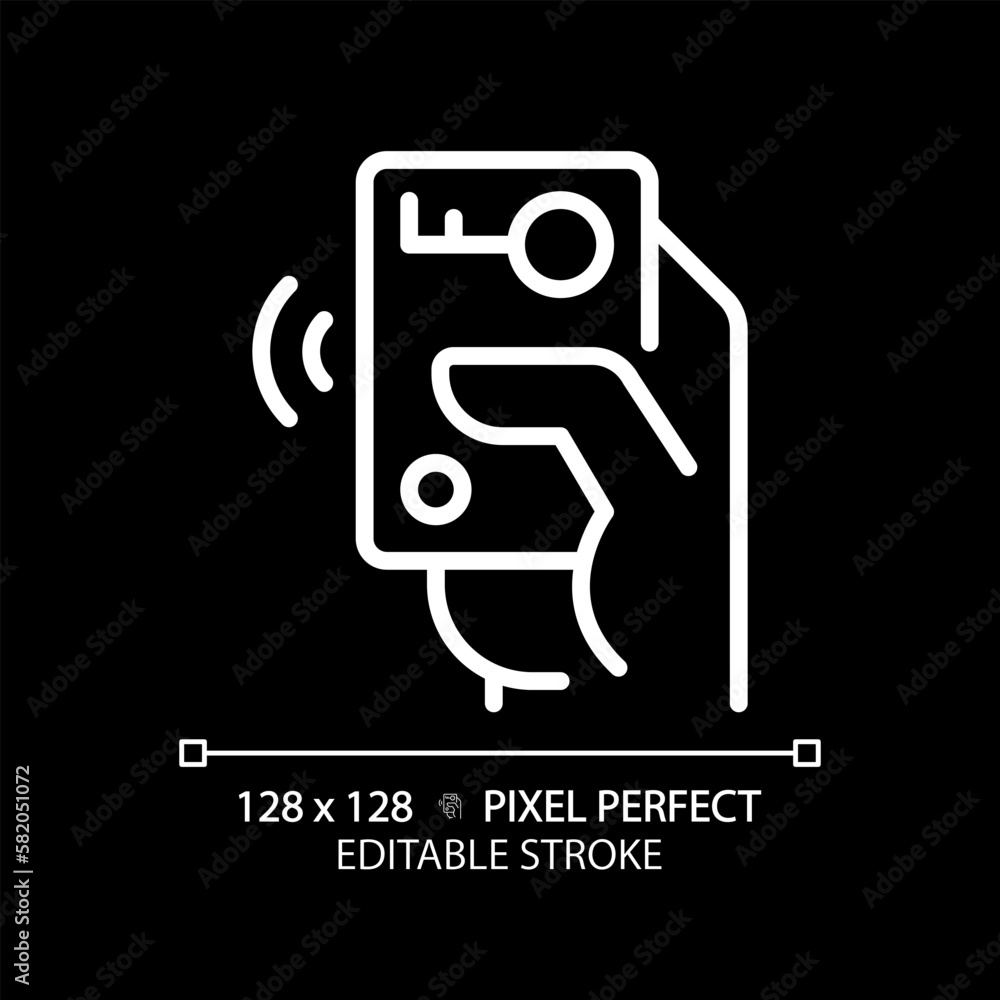 Hand with car remote starter pixel perfect white linear icon for dark ...