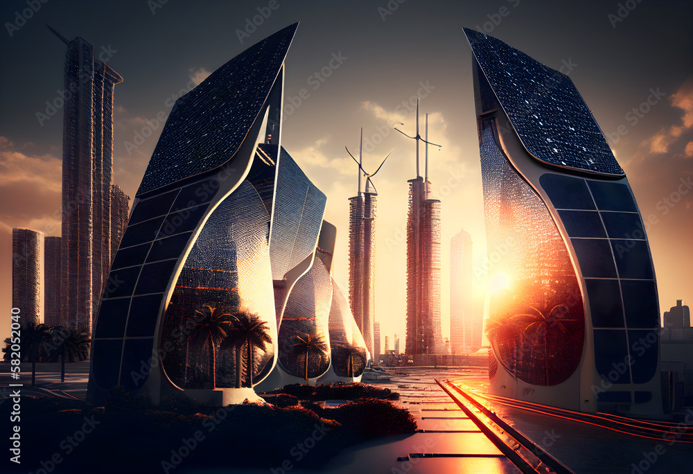 Solar panels on roofs and walls of future city houses, renewable energy ...