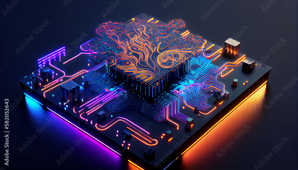 Central computer AI processors CPU on motherboard, futuristic neon ...