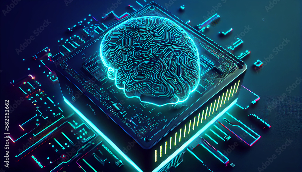 AI. Digital brain shaped with blue neural connection lines and glowing ...