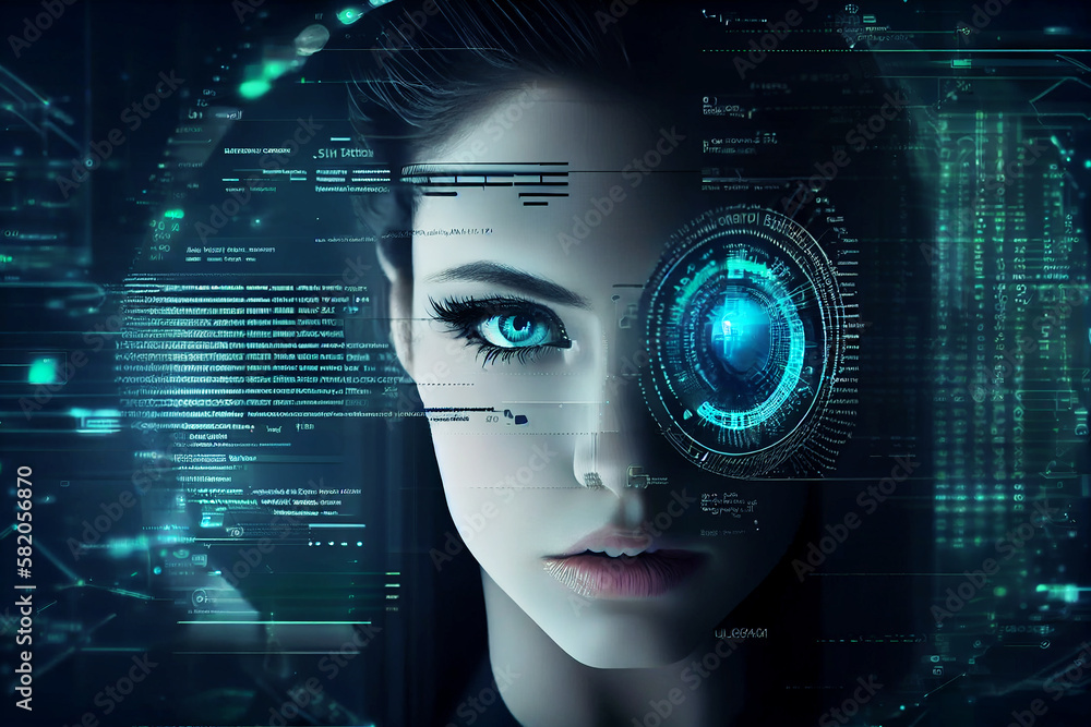 Hi-tech Futuristic technological scanning of the girl face and retina ...