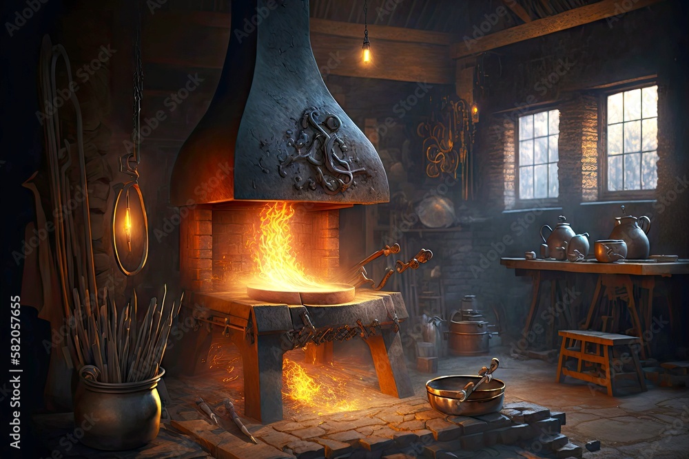 forge with large burning furnace, iron anvil and other blacksmithing ...