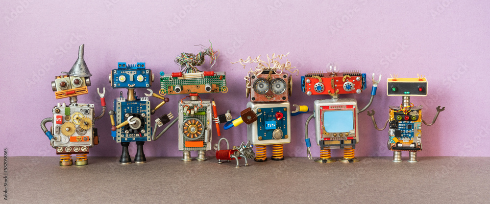 Six toy robots and small dog. Creative design metal copper silver ...