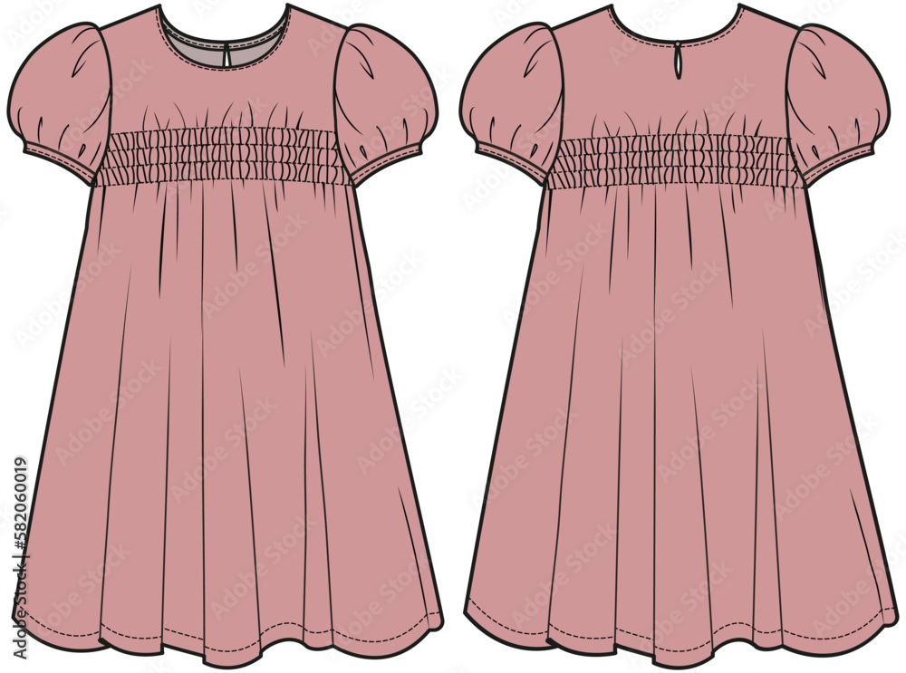 girls puff sleeve smocked dress flat sketch vector illustration short ...