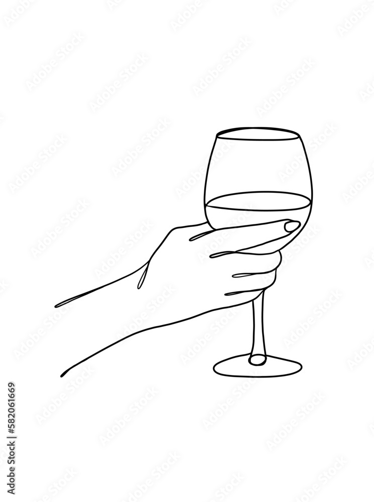 Continuous one line drawing of a hand holding a wine glass. Vector ...