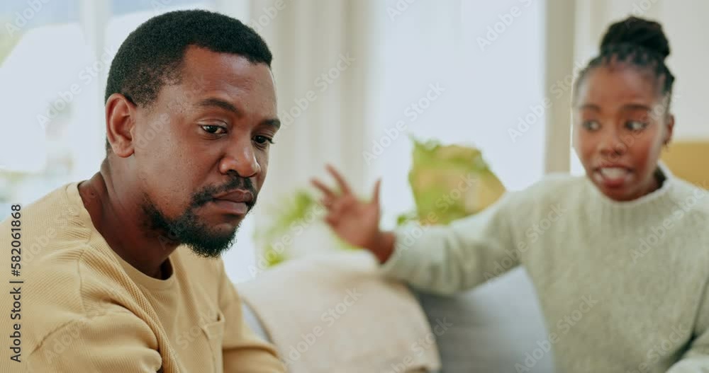 Black couple, argument and talking on sofa in disagreement, conflict or ...