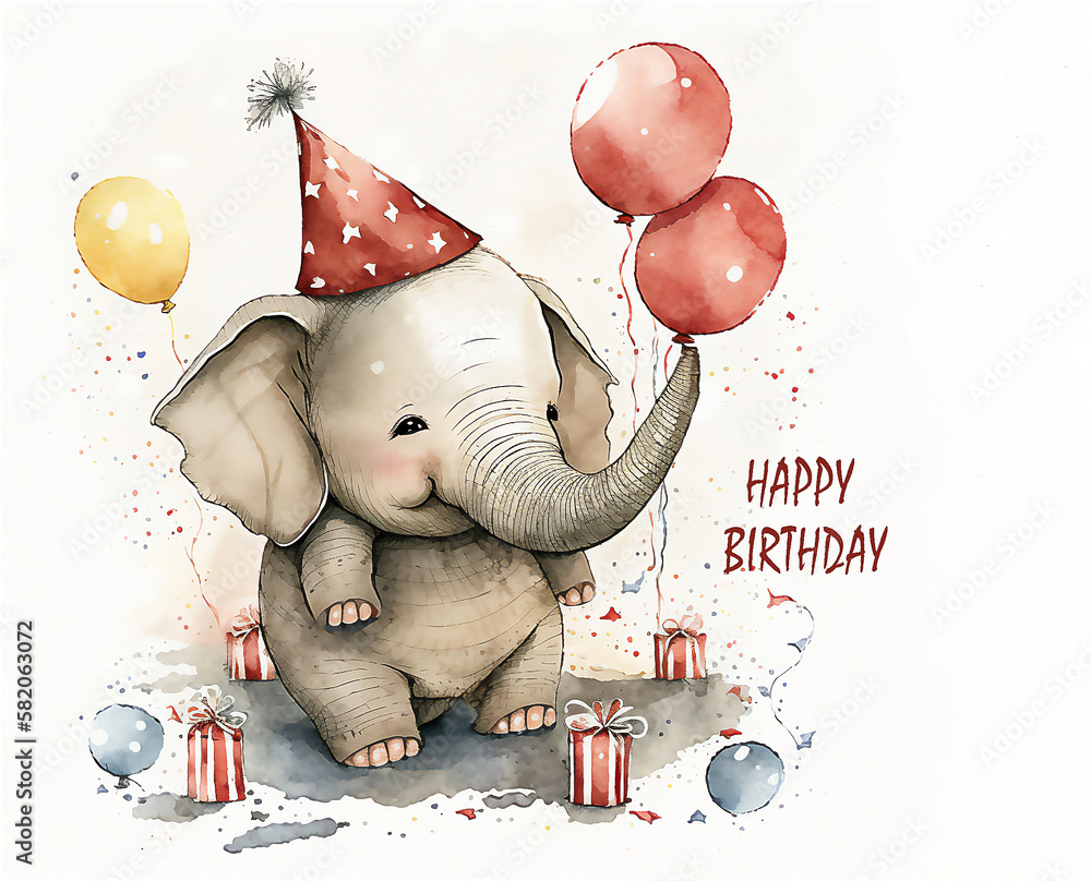 Happy Cute Baby elephant with balloons. Happy Birthday. Holiday concept ...