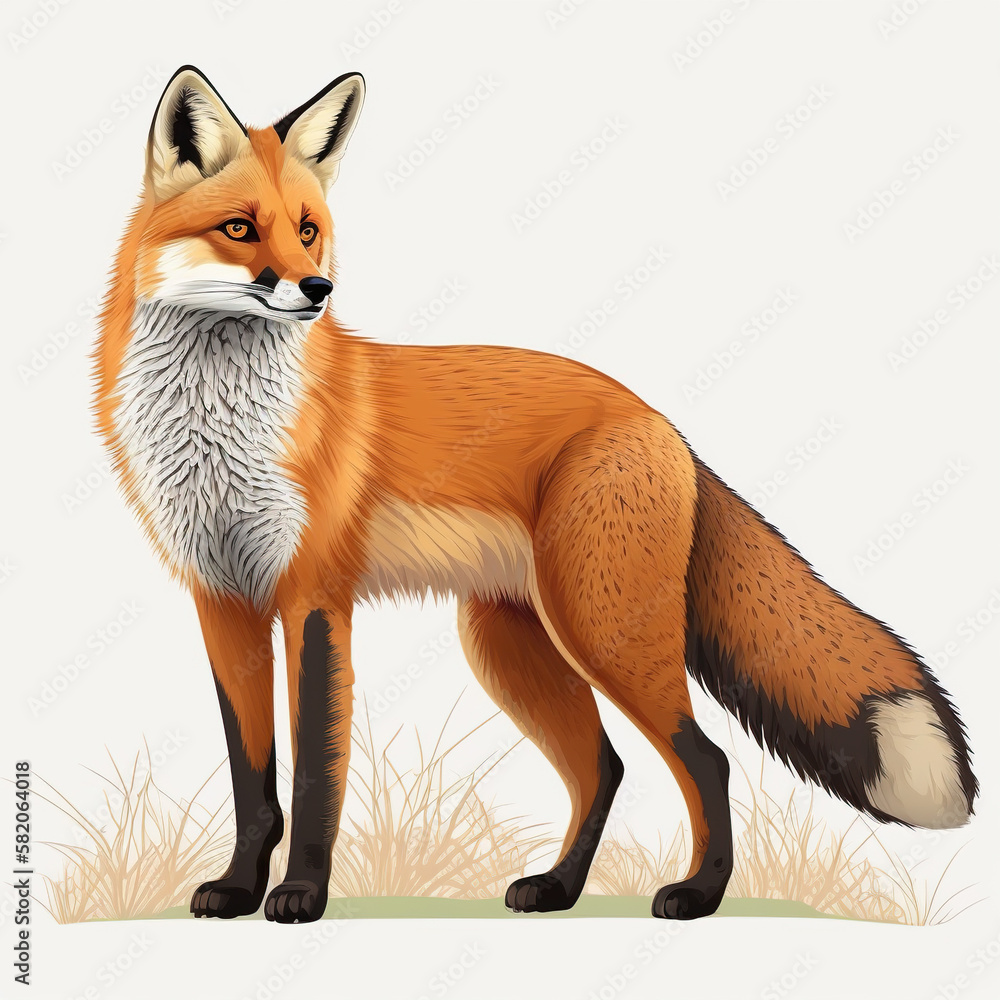 Drawing of a red fox with grass. The concept of a generated AI image of ...