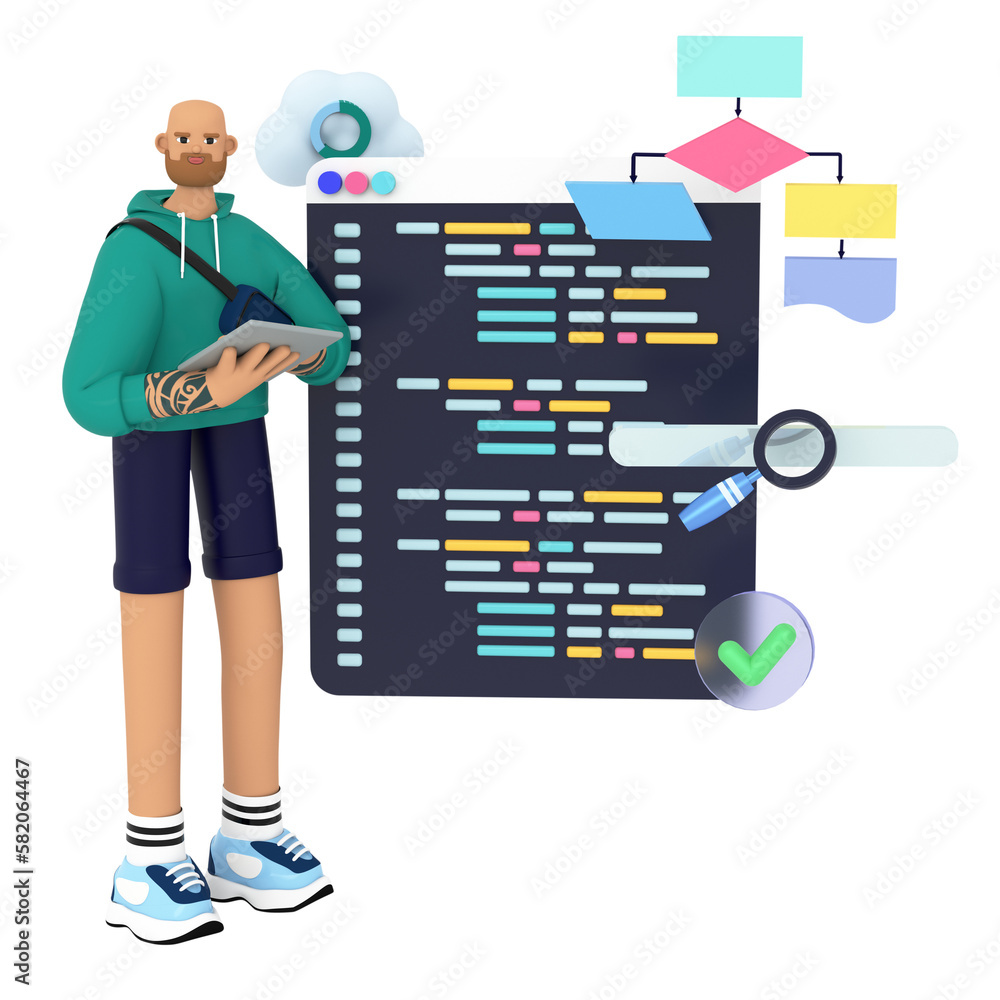Programmer or developer holding tablet and coding or programming due to flowchart. 3d rendering ...