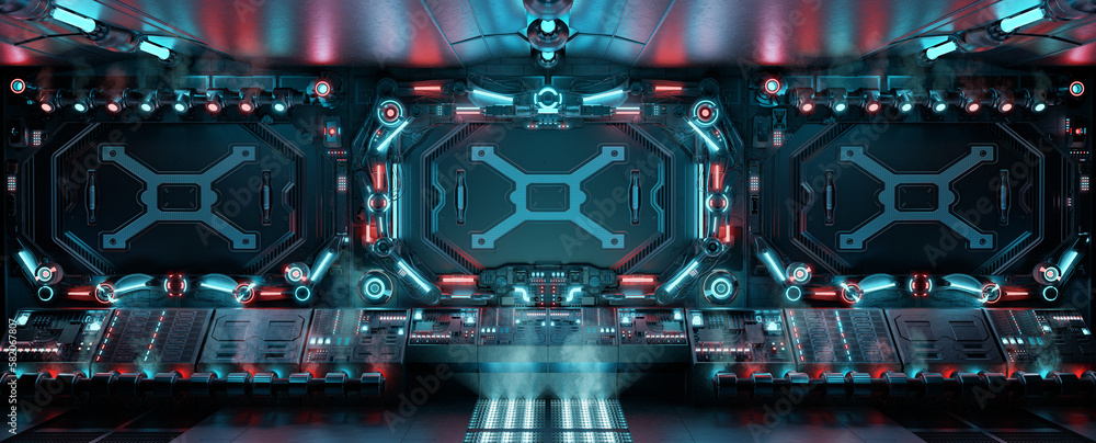 Dark spaceship interior with glowing control panels. Futuristic space ...
