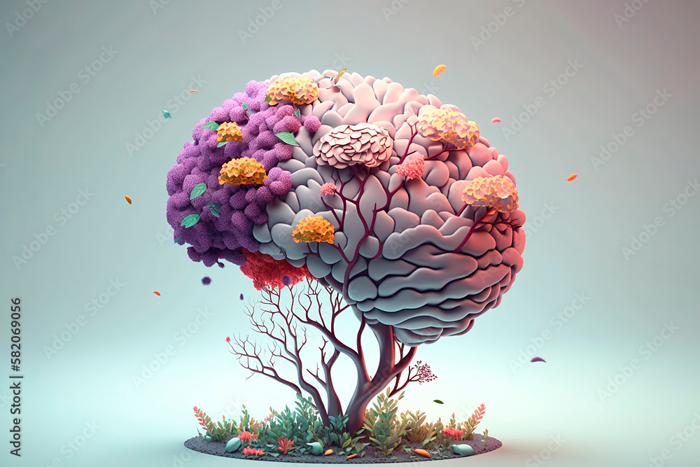 Human brain tree with flowers, self care and mental health concept ...