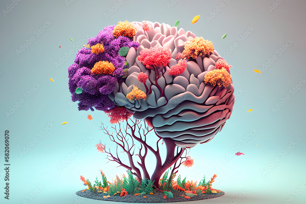 Human brain tree with flowers, self care and mental health concept ...