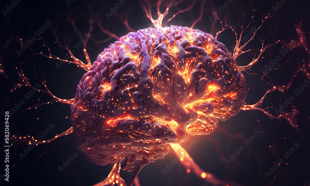 ภาพประกอบสต็อก Glowing brain background with neural links network. Illustration representing ...