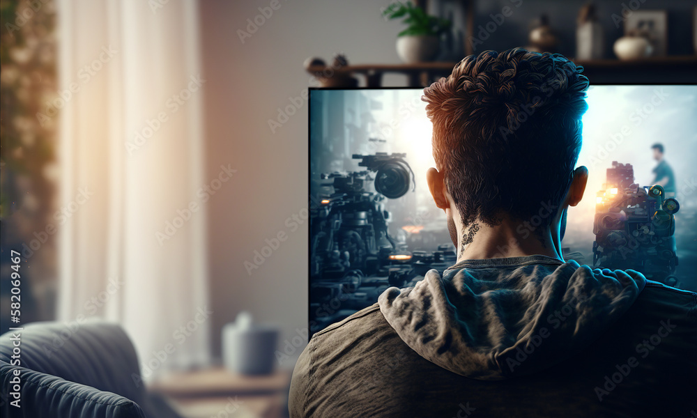 Man playing video games in his room. Back view of a gamer sitting in ...