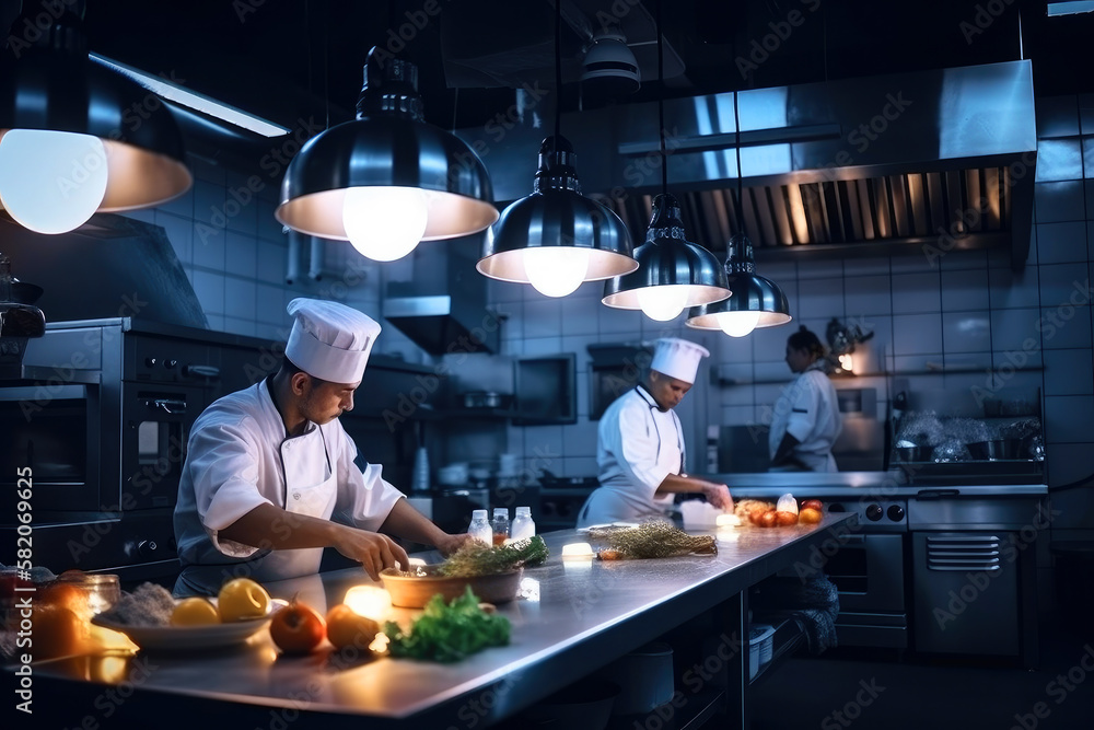 Professional kitchen with chefs cooking, restaurant kitchen , ai ...