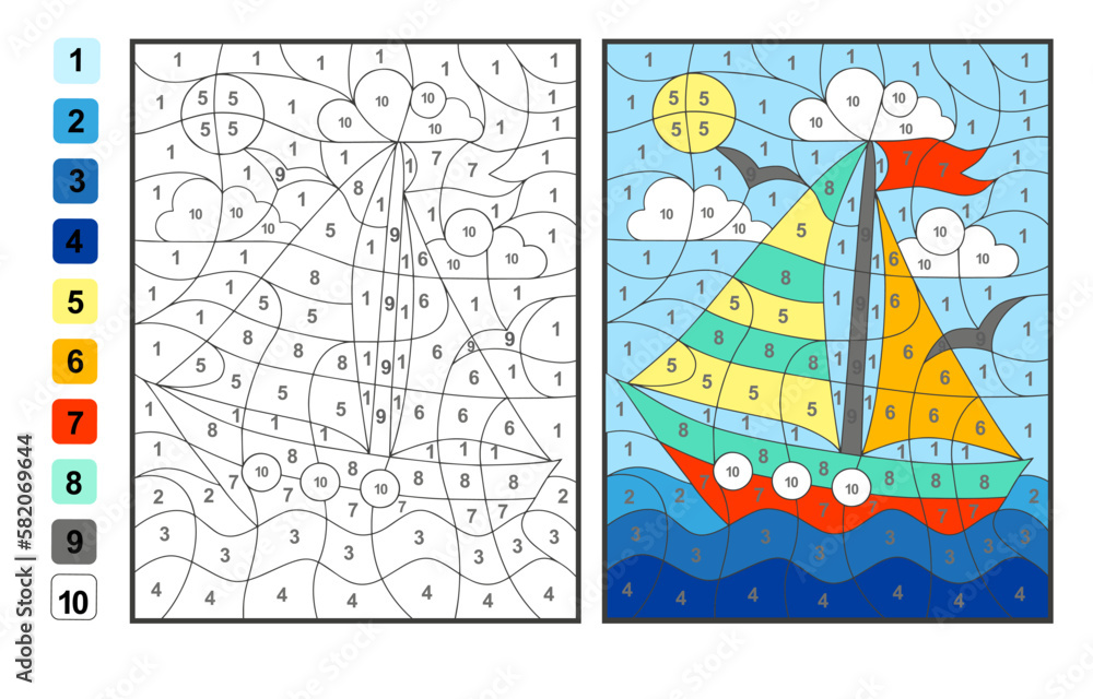 Color by numbers summer vacation. Puzzle game for children education ...