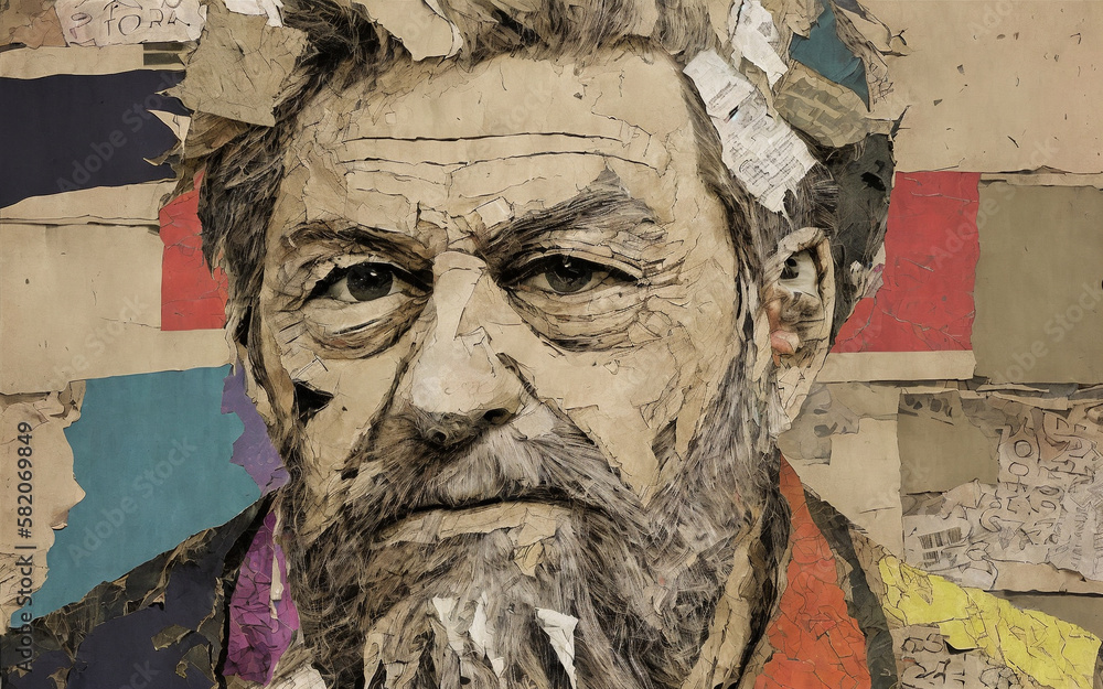 Portraits of elderly man made from scraps of old newspapers ...