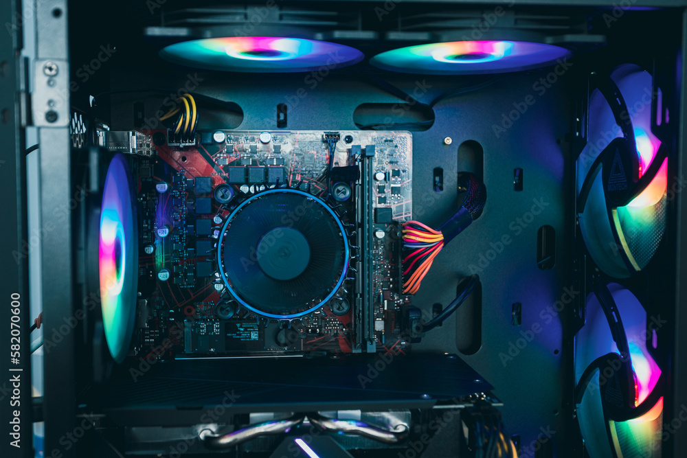 LED Inside a high performance computer. Computer circuit board and CPU ...