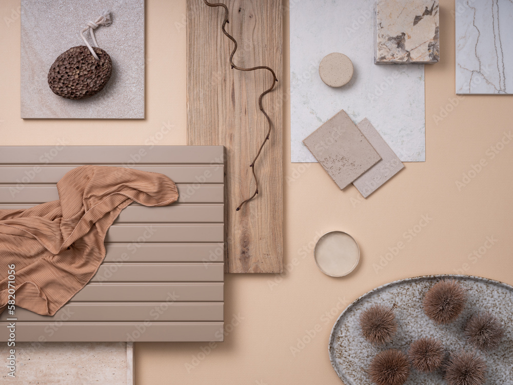 Foto de Elegant flat lay composition in beige and gray color palette ...