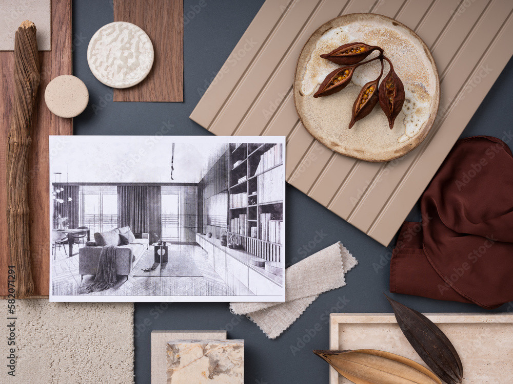 Creative flat lay composition in blue, beige and brown color palette ...