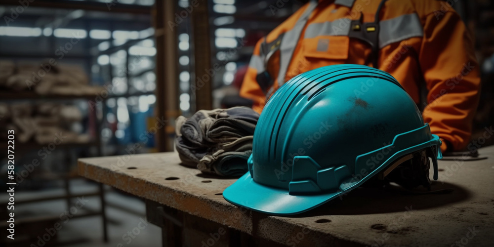 A blue safety helmet or hardhat, construction worker PPE, is placed in ...