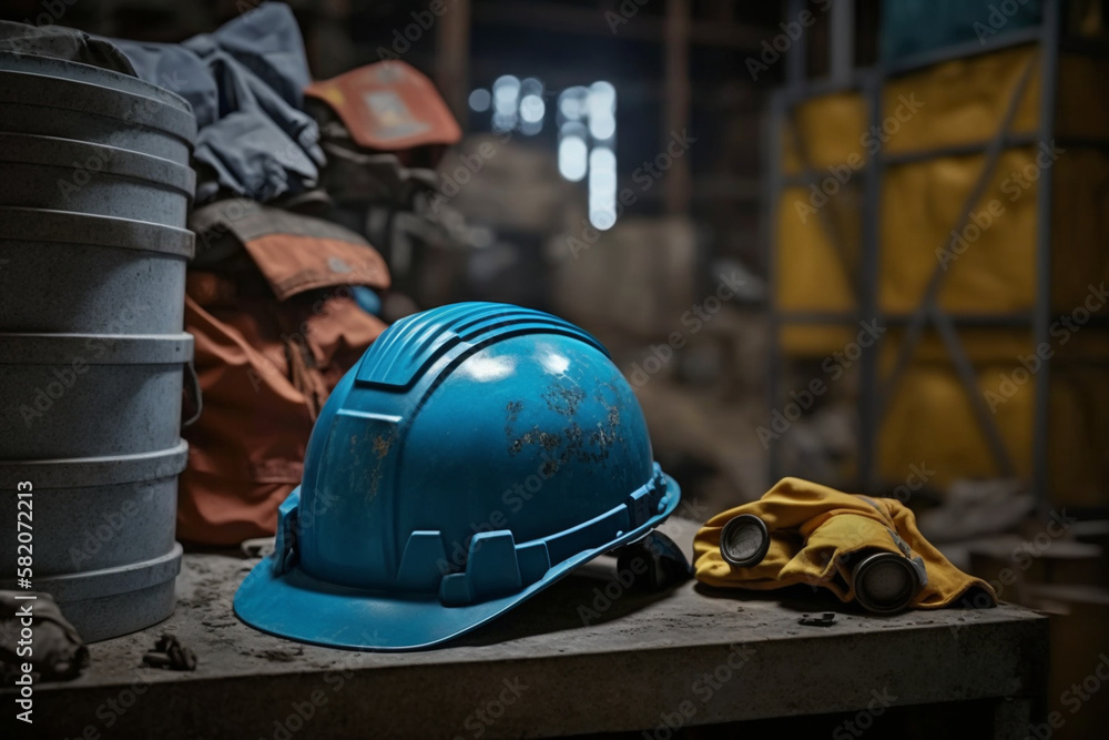 ภาพประกอบสต็อก A blue safety helmet or hardhat, construction worker PPE ...