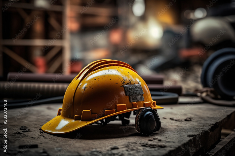 A yellow safety helmet or hardhat, construction worker PPE, is placed ...