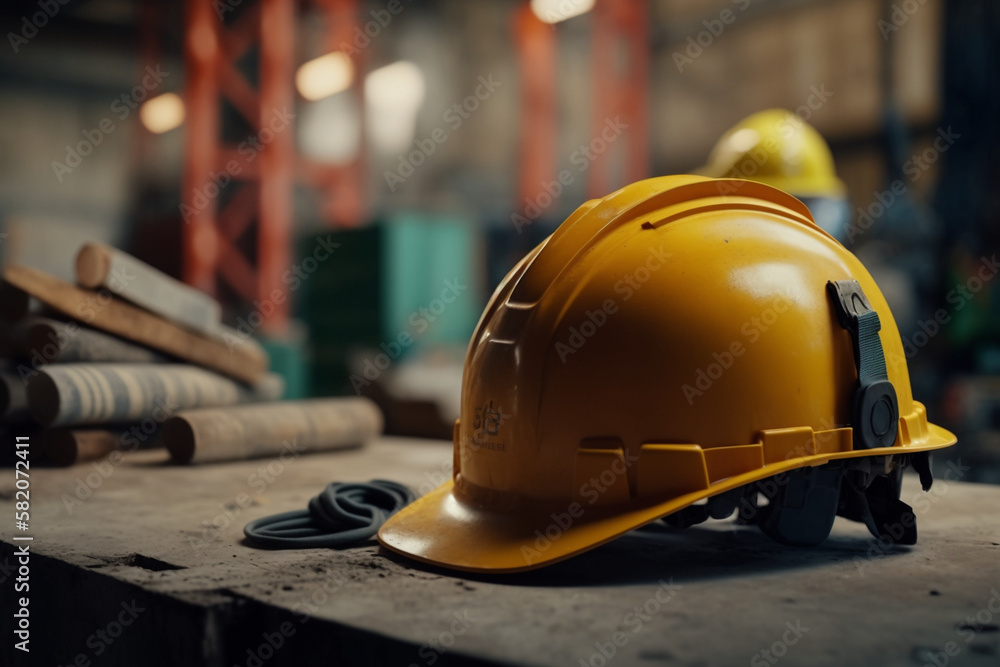 A yellow safety helmet or hardhat, construction worker PPE, is placed ...